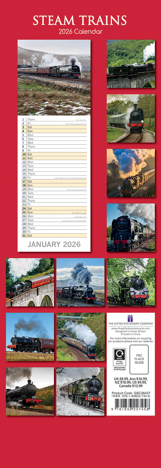 Steam Trains 2026 Rectangle Wall Calendar – Zmart Australia